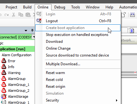 CODESYS Forge - CODESYS Forge / Talk / Engineering 🇬🇧: 'Create boot application' grayed out